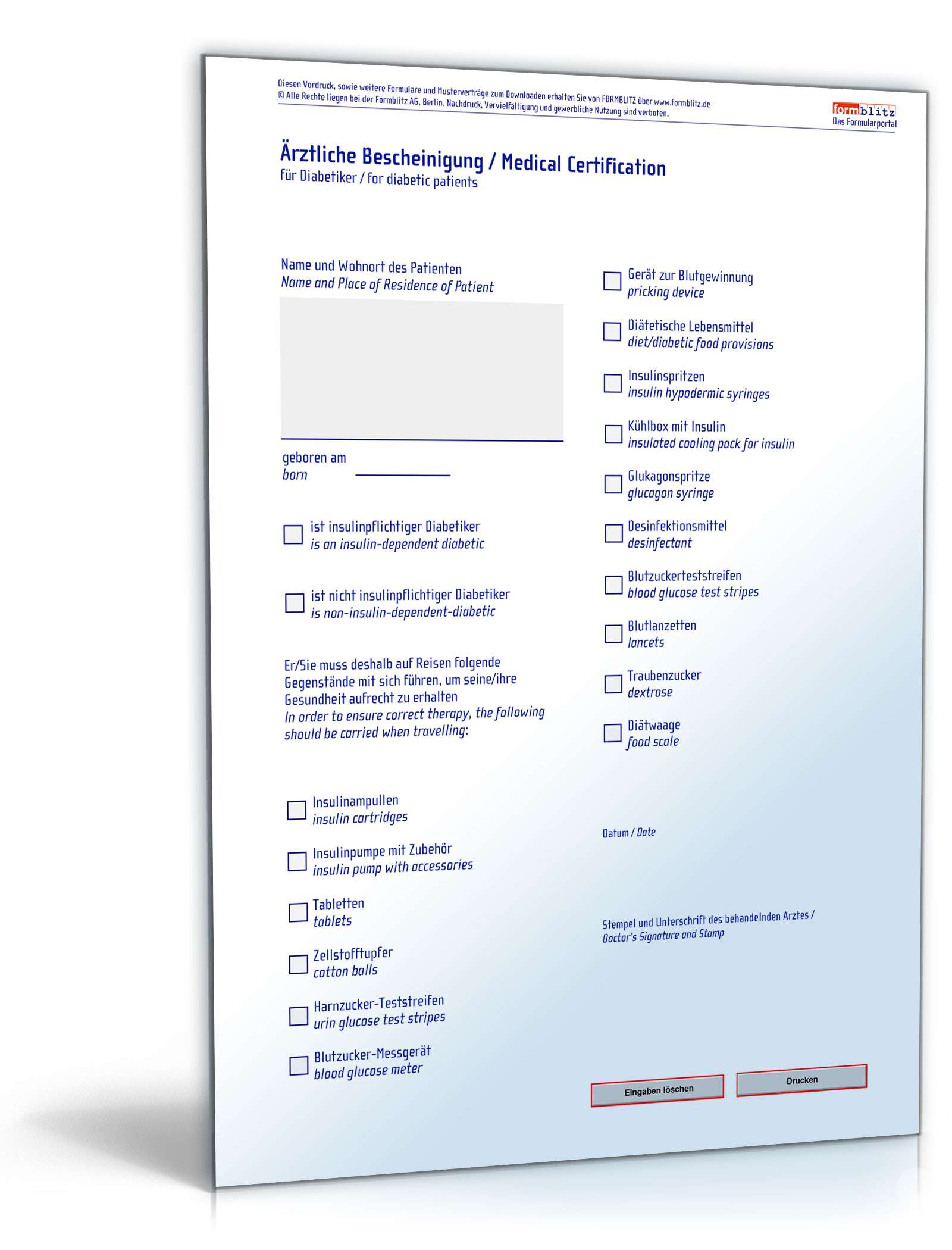 Reisebescheinigung für Diabetiker - Formular zum Download