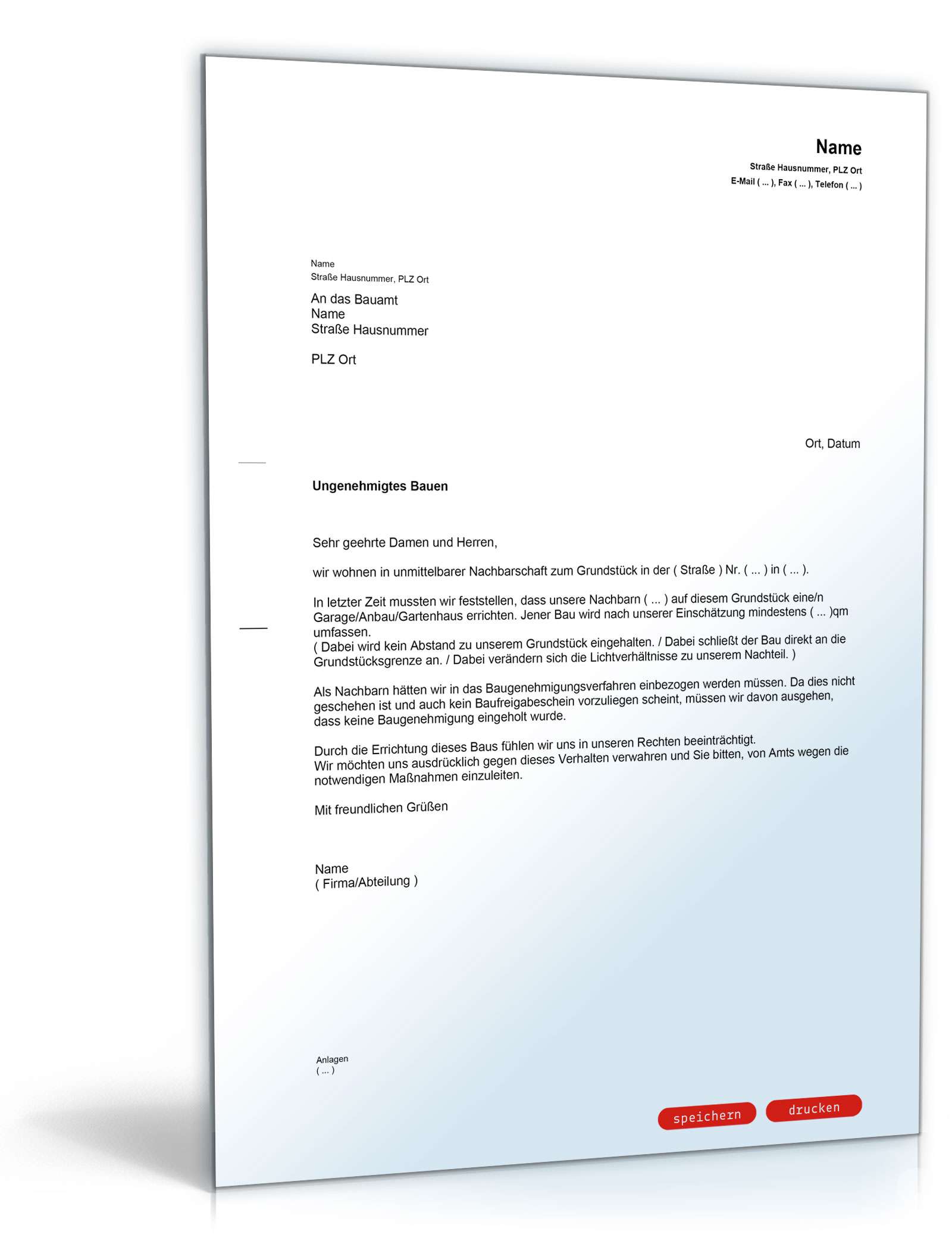 Anzeige beim Bauamt (ungenehmigtes Bauen) - Muster-Vorlage zum Download Anzeige beim Bauamt (ungenehmigtes Bauen) - Muster-Vorlage zum Download